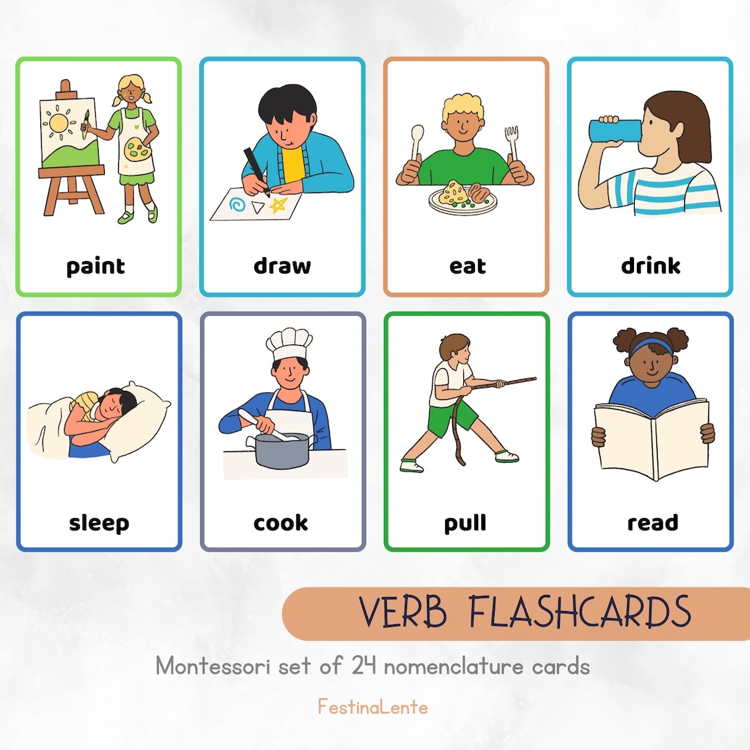 24 Verb Flashcards•action Words•language Learning Tools•digital Study ...