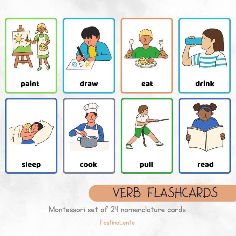 24 Verb Flashcards•action Words•language Learning Tools•digital Study ...
