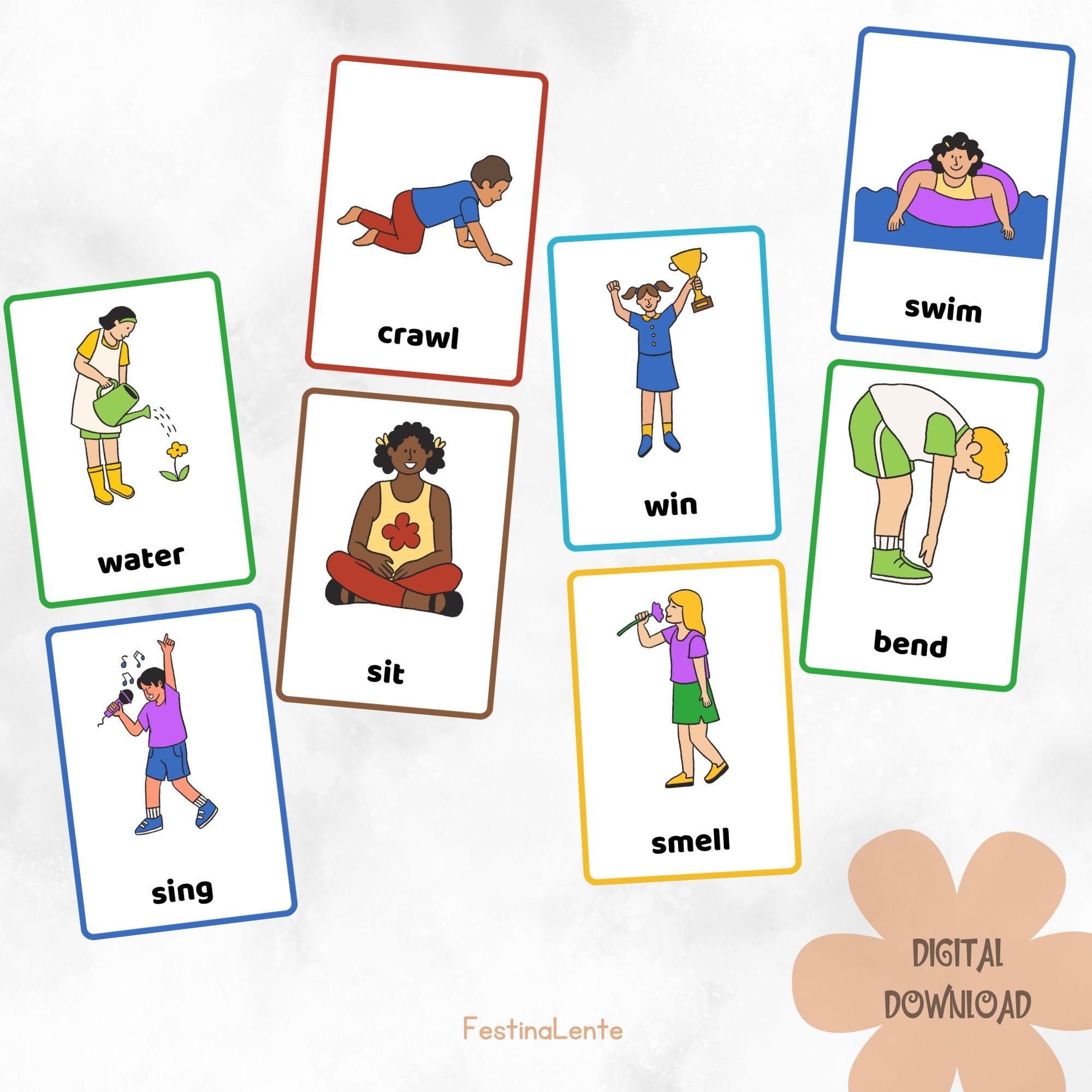 24 Verb Flashcards•action Words•language Learning Tools•digital Study ...