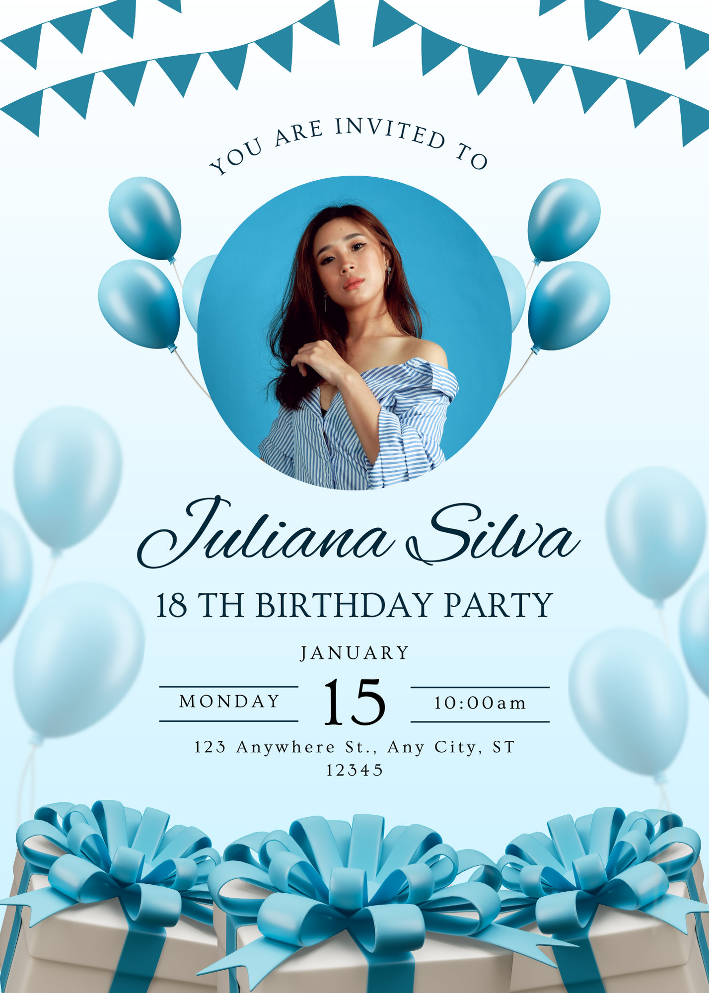 Blue Birthday Invitation, Blue Wreath Design, Personalized Party Invite ...