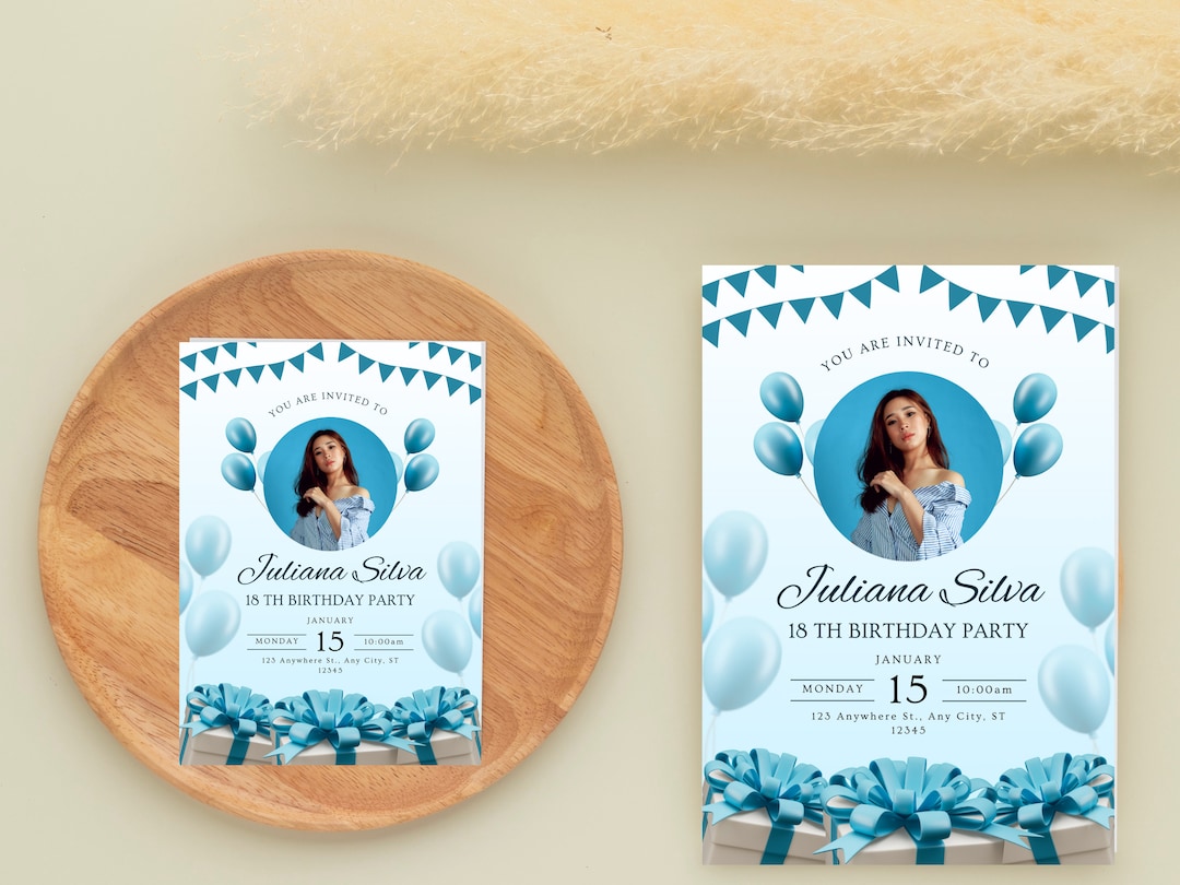 Blue Birthday Invitation, Blue Wreath Design, Personalized Party Invite ...