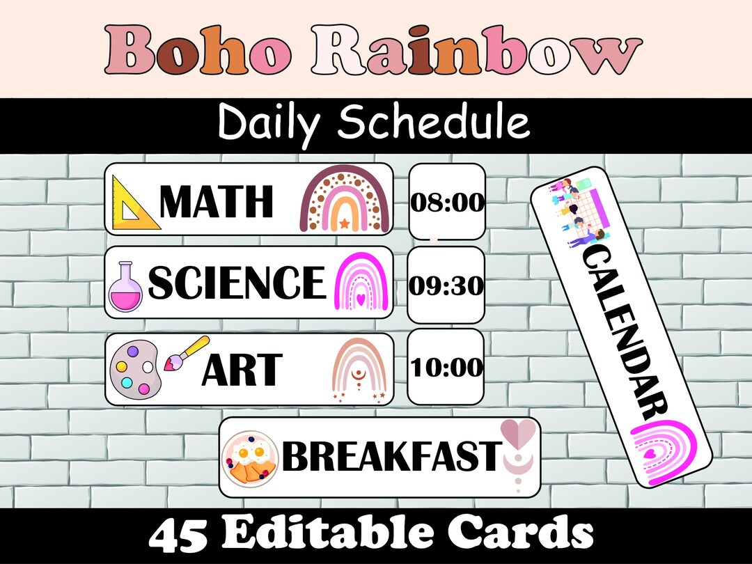 Boho Rainbow Daily Schedule Cards EDITABLE With Pictures for Preschool ...