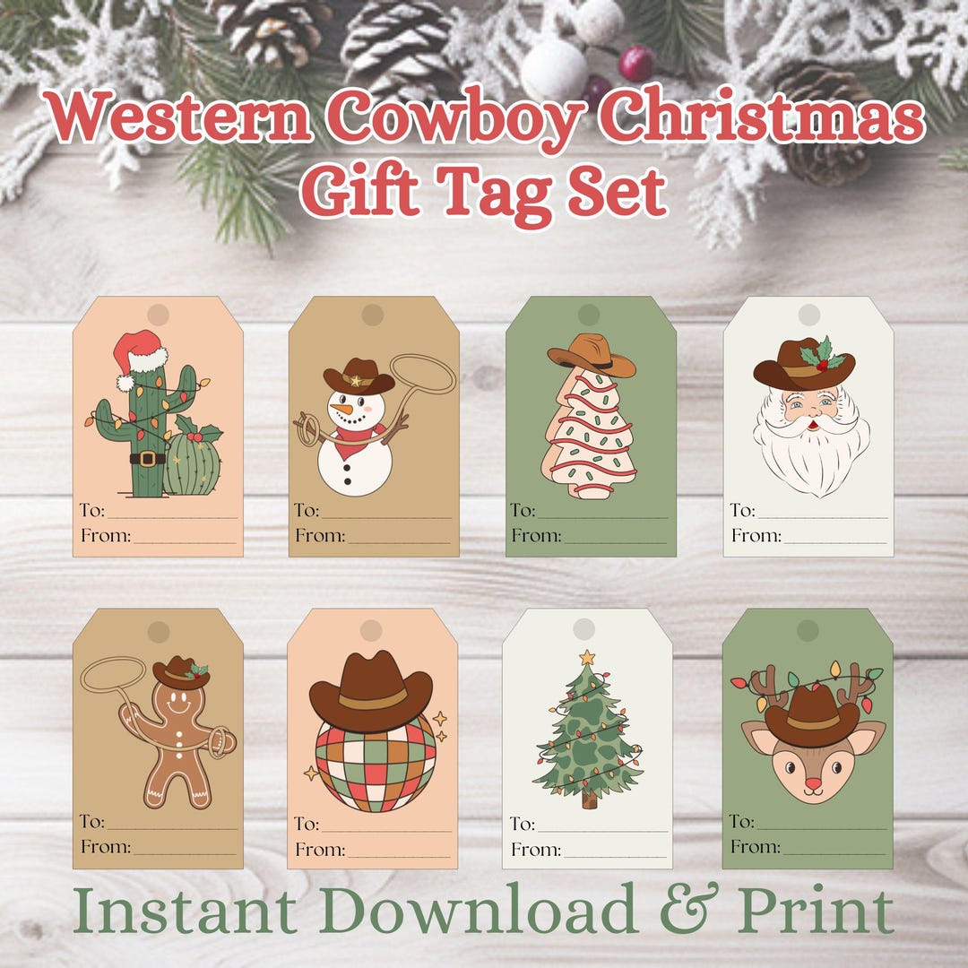 Set of 8 Printable Western Cowboy Christmas Gift Tags - Rustic Holiday ...