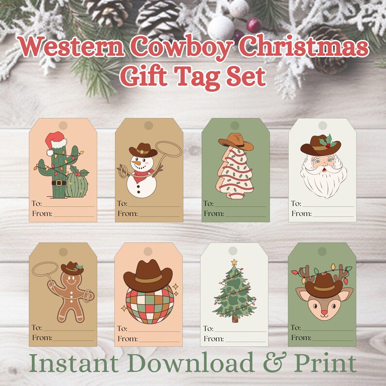 Set of 8 Printable Western Cowboy Christmas Gift Tags - Rustic Holiday ...
