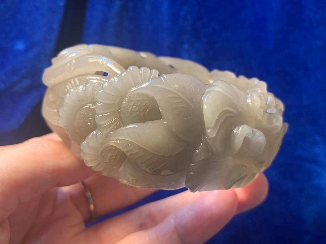 Hand Carved Mongolian Jade Bangle: Ginseng Peony Sculpture (60.1mm) - Etsy