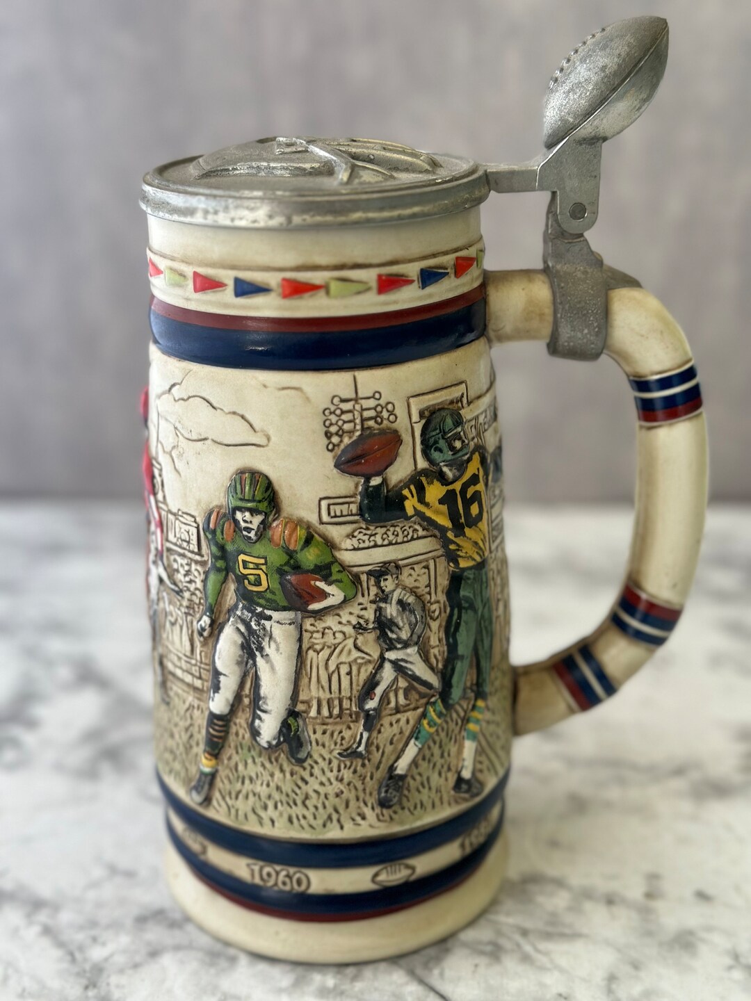 Vintage 1983 Beer Stein Mug History of Football Handcrafted in Brazil ...