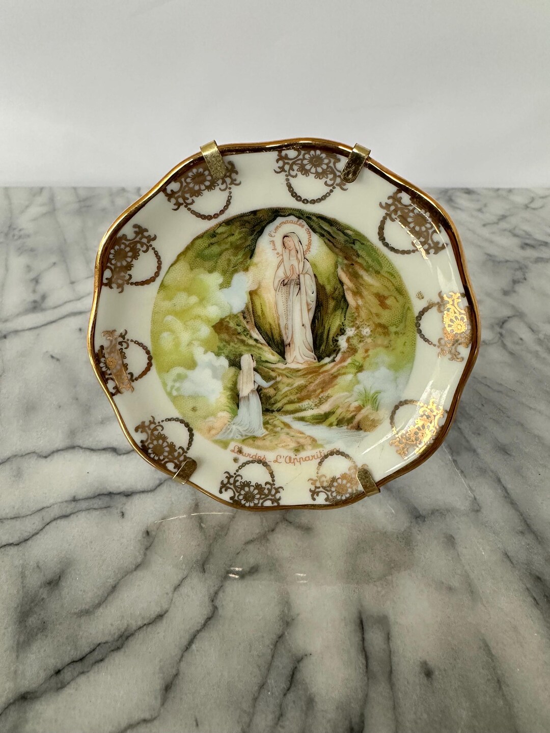 LIMOGES FRANCE Mini Dollhouse Plate & Stand Mary Lourdes Souvenir Toy ...