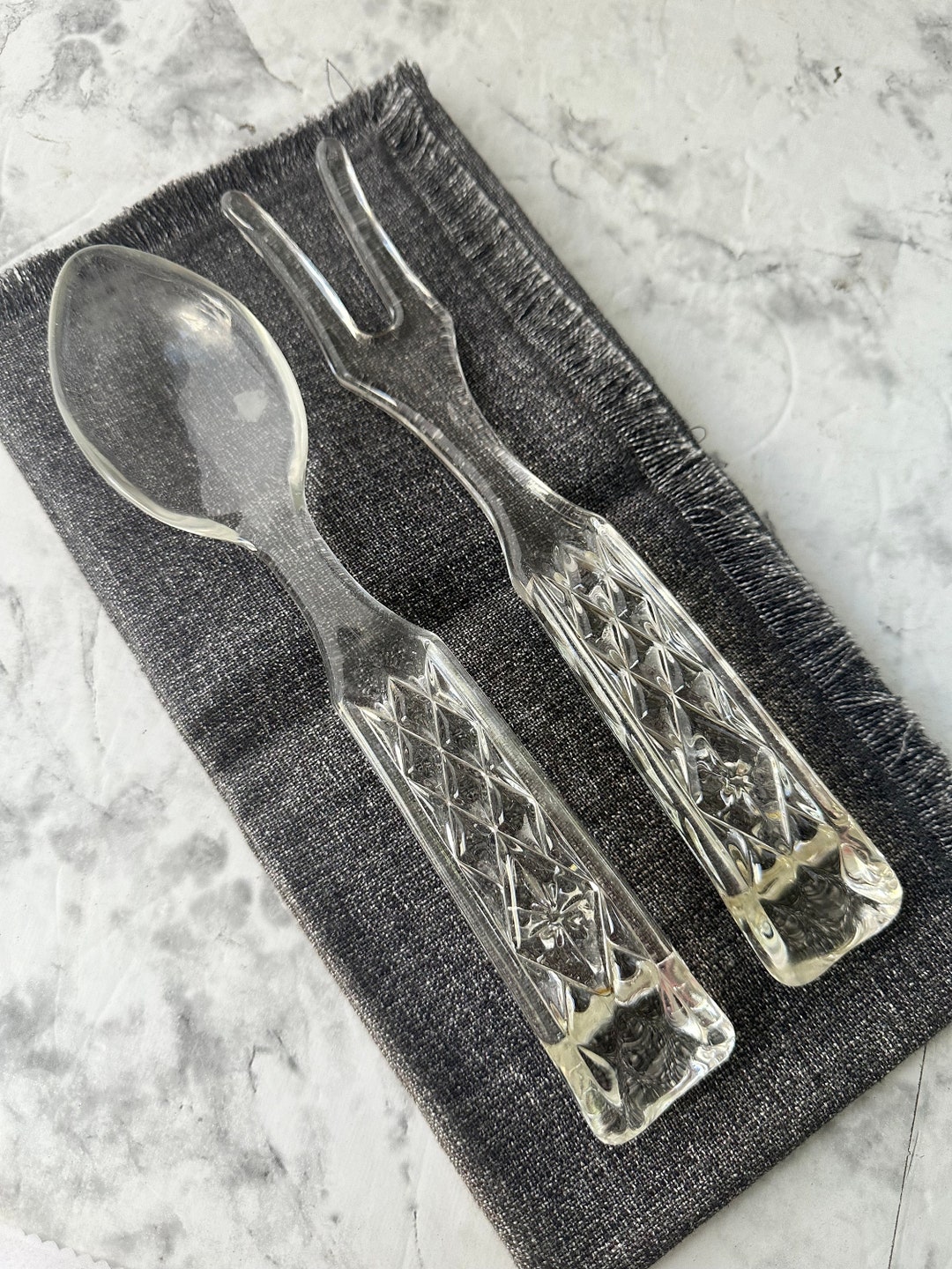 Vintage Anchor Hocking Wexford Pattern Glass Fork Spoon Salad Server ...