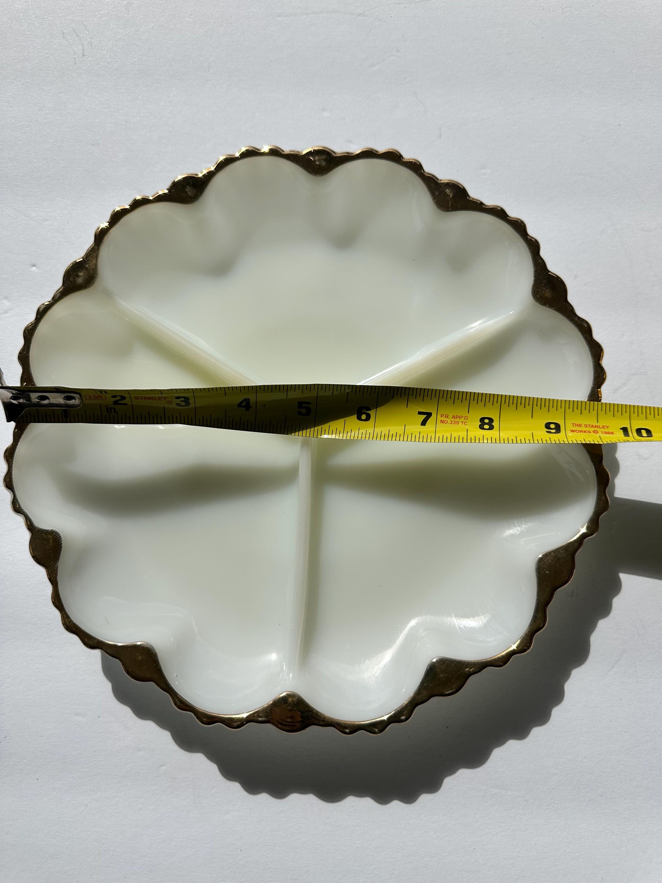 Vintage Anchor Hocking Fire King Milk Glass Divided Serving Dish Gold ...