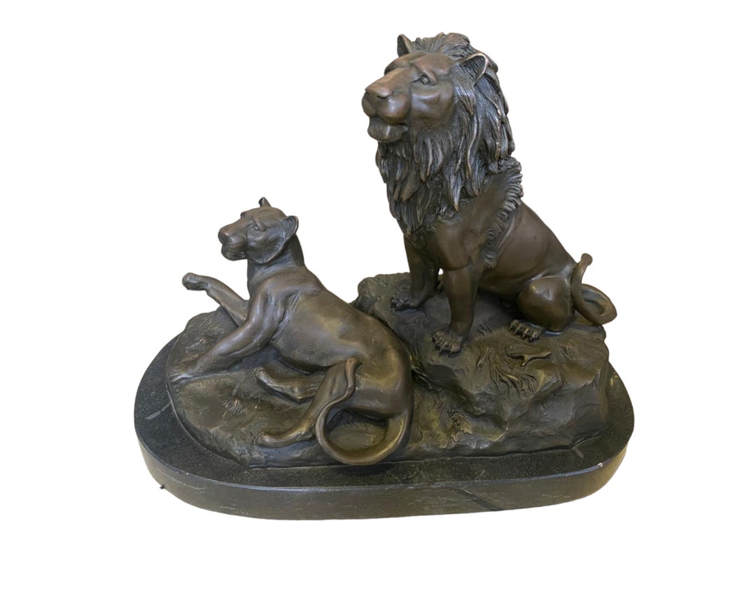 Africain Sculpture Lion Family Lioness Animal Bronze Statue Figurine ...