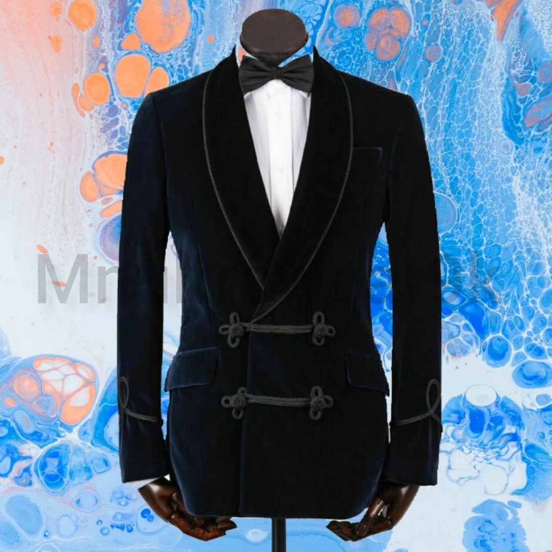 Men's Navy Blue Smoking Velvet Jacket Dinner Jacket Black Satin Shawl ...