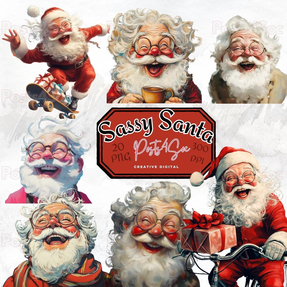 Sassy Santa Watercolor Clipart | 20 PNG Christmas Graphics (digital ...