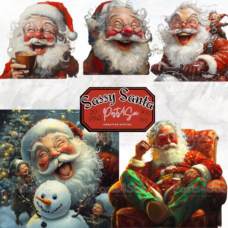Sassy Santa Watercolor Clipart | 20 PNG Christmas Graphics (digital ...