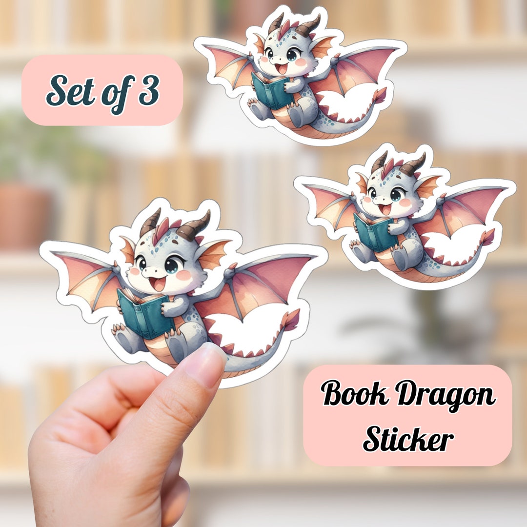 Book Dragon Sticker, Set of 3, Kawaii Dragon Sticker, Dragon Lover ...