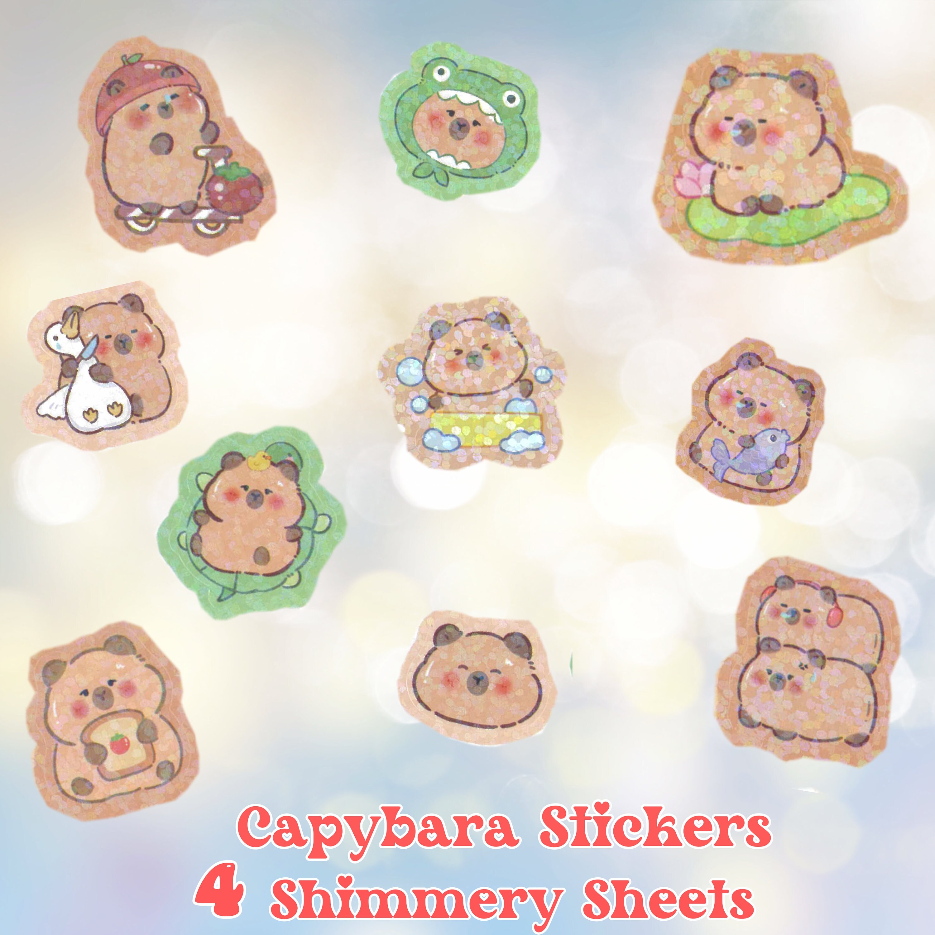 Shimmer Capybara Stickers, 4 Sheets Set, Capybara Lover Gift, Animal ...