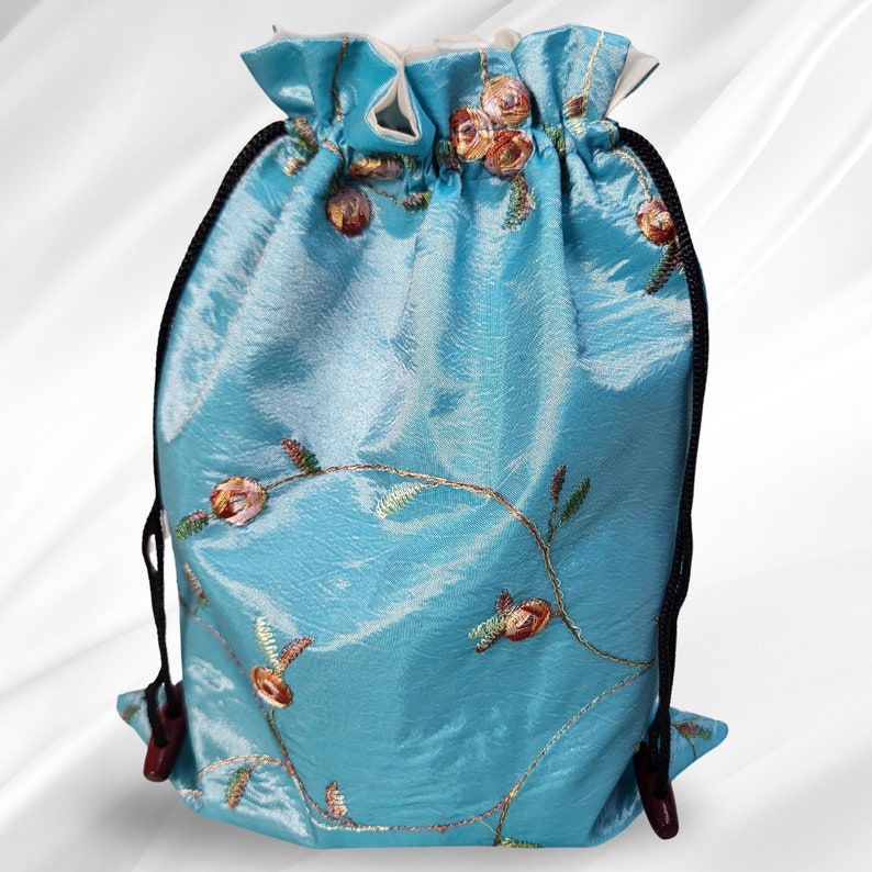 Chinese Embroidered Drawstring Satin Bag, Lined Drawstring Makeup Pouch ...