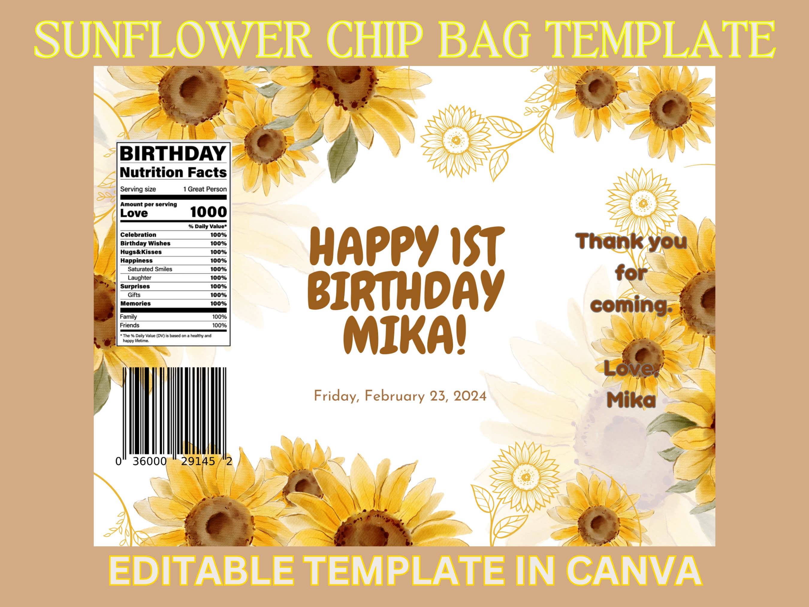 Editable Sunflower Chip Bag Design for Party Favors, Giveaways ...