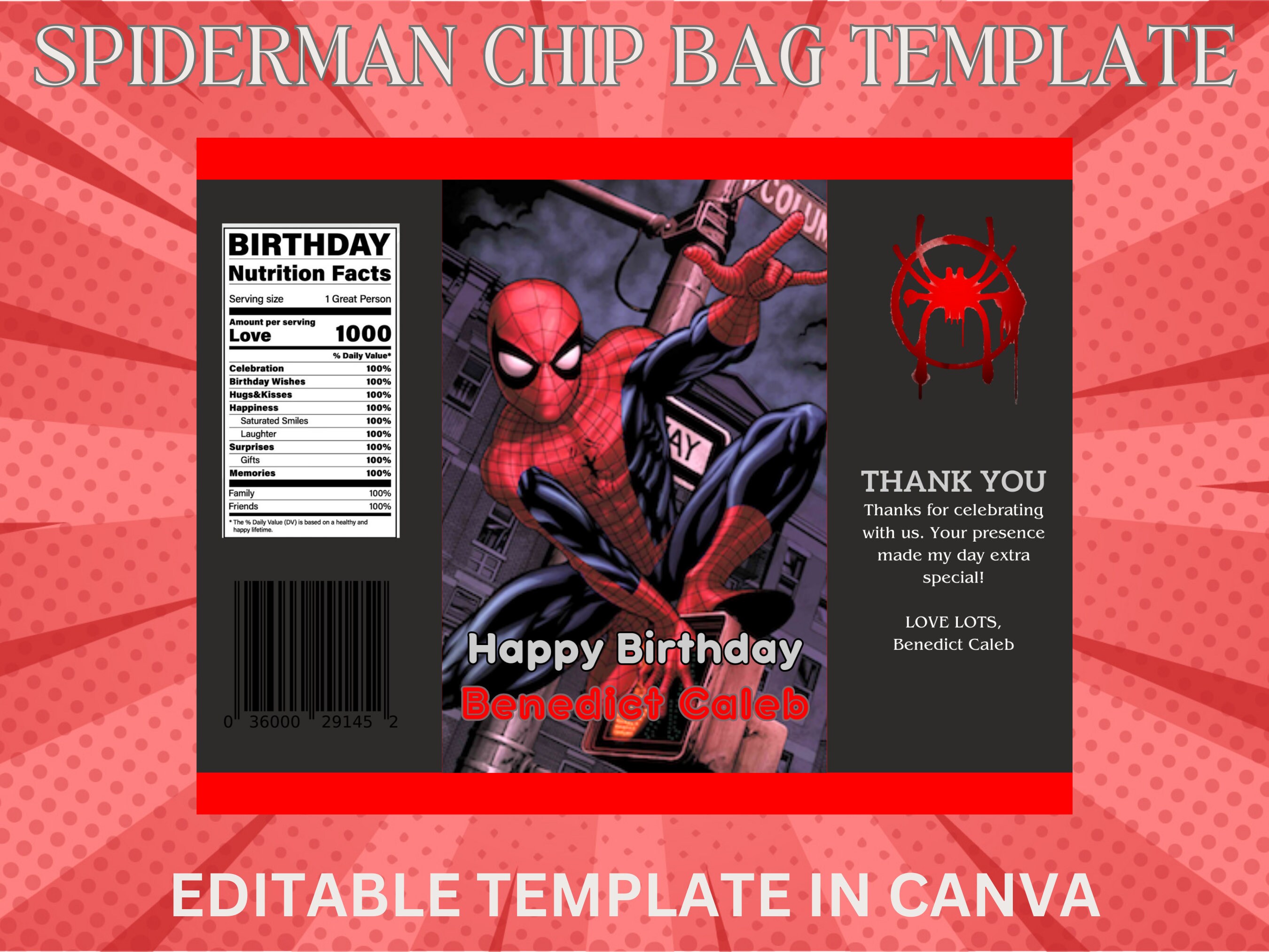 Editable Spiderman Chip Bag Design for Party Favors, Giveaways ...