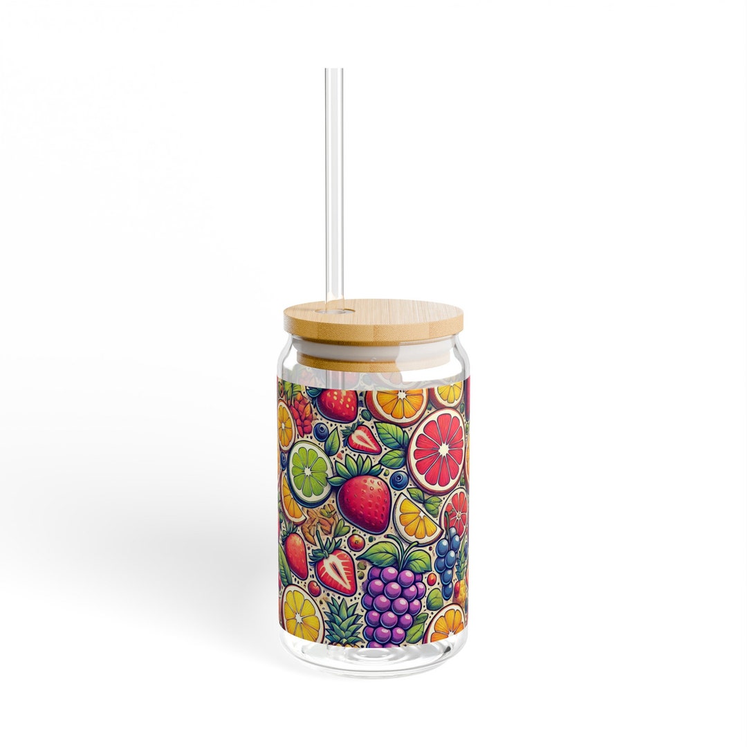 Fruity Fiesta Sipper Glass, Fruit Pattern Glass, 16oz Drinkware, Glass ...
