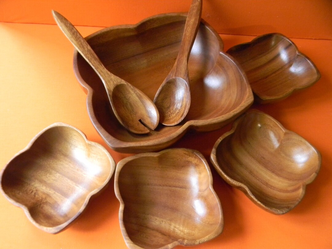 Vintage Wooden Monkey Pod Salad Bowl Set MCM - Etsy