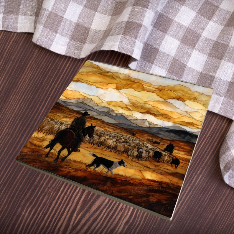 Cowboy Horse Dog Western Art Ceramic Fine Art Tile Montana Cowboy Decor ...