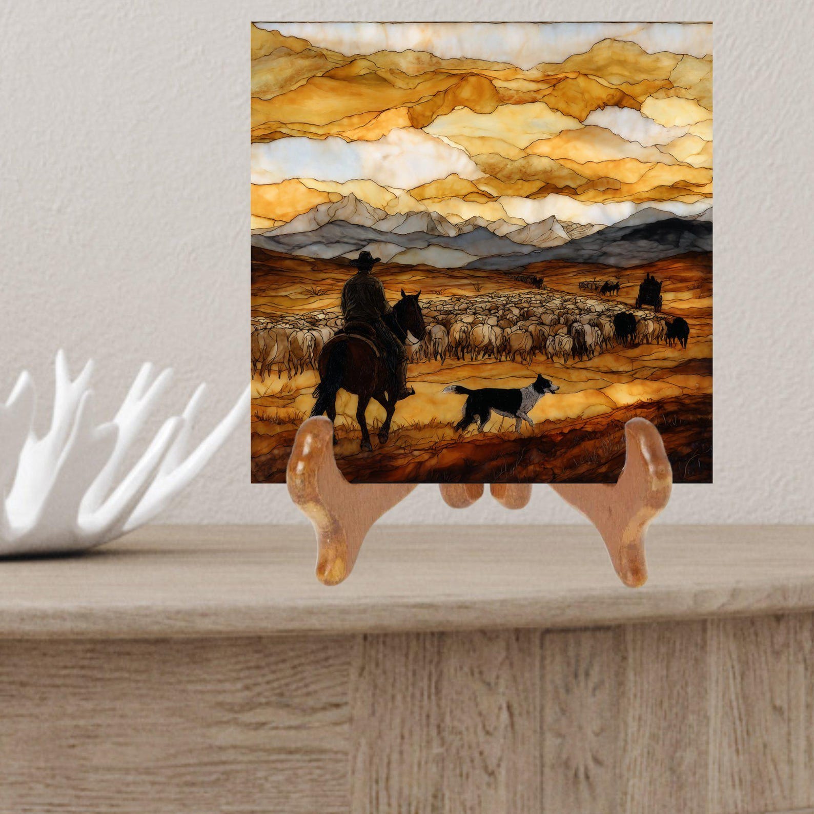Cowboy Horse Dog Western Art Ceramic Fine Art Tile Montana Cowboy Decor ...