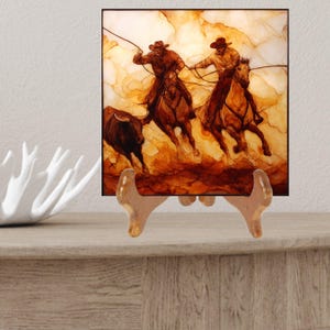 Cowboy Cattle Roping Western Art Ceramic Fine Art Tile Montana Cowboy ...