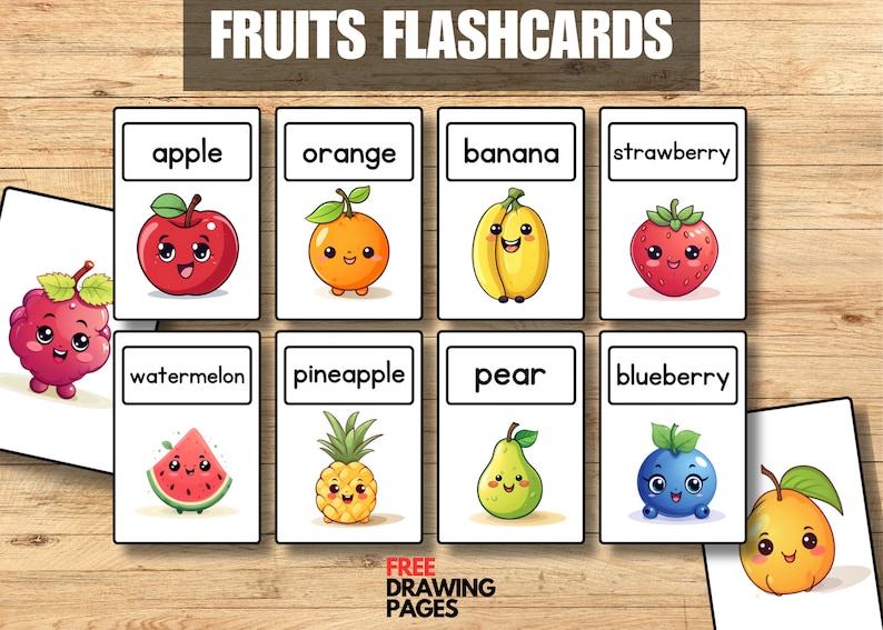 10 Fruits Cards FREE Drawing Pages Printable Flashcards Kids Flashcards ...