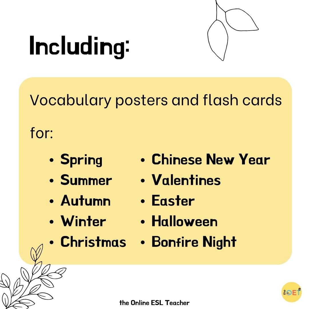 Seasonal ESL Vocabulary Posters and Flashcards Bundle ESL Vocabulary ...