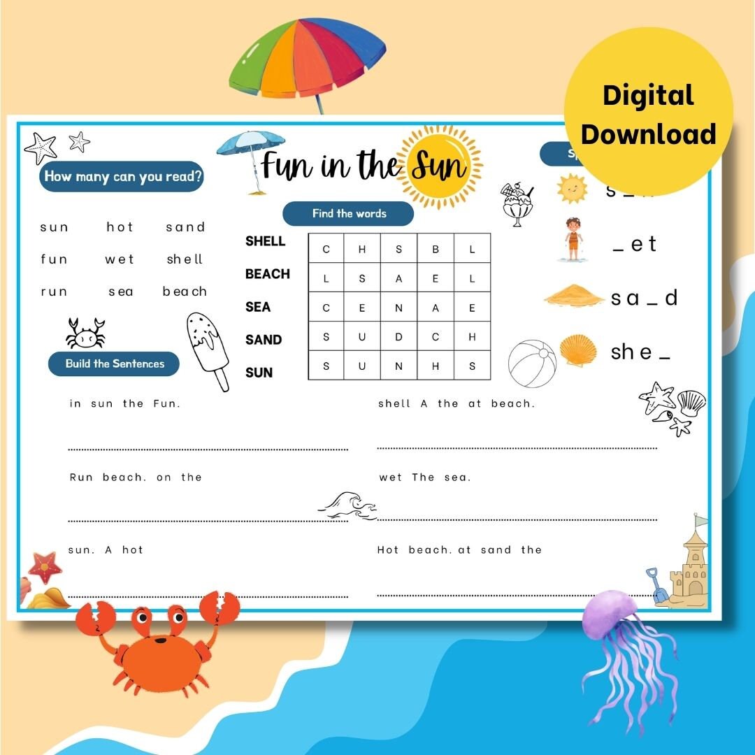 Fun in the Sun Reading Mat | Kids Activity Mat | Kids Digital Printable ...