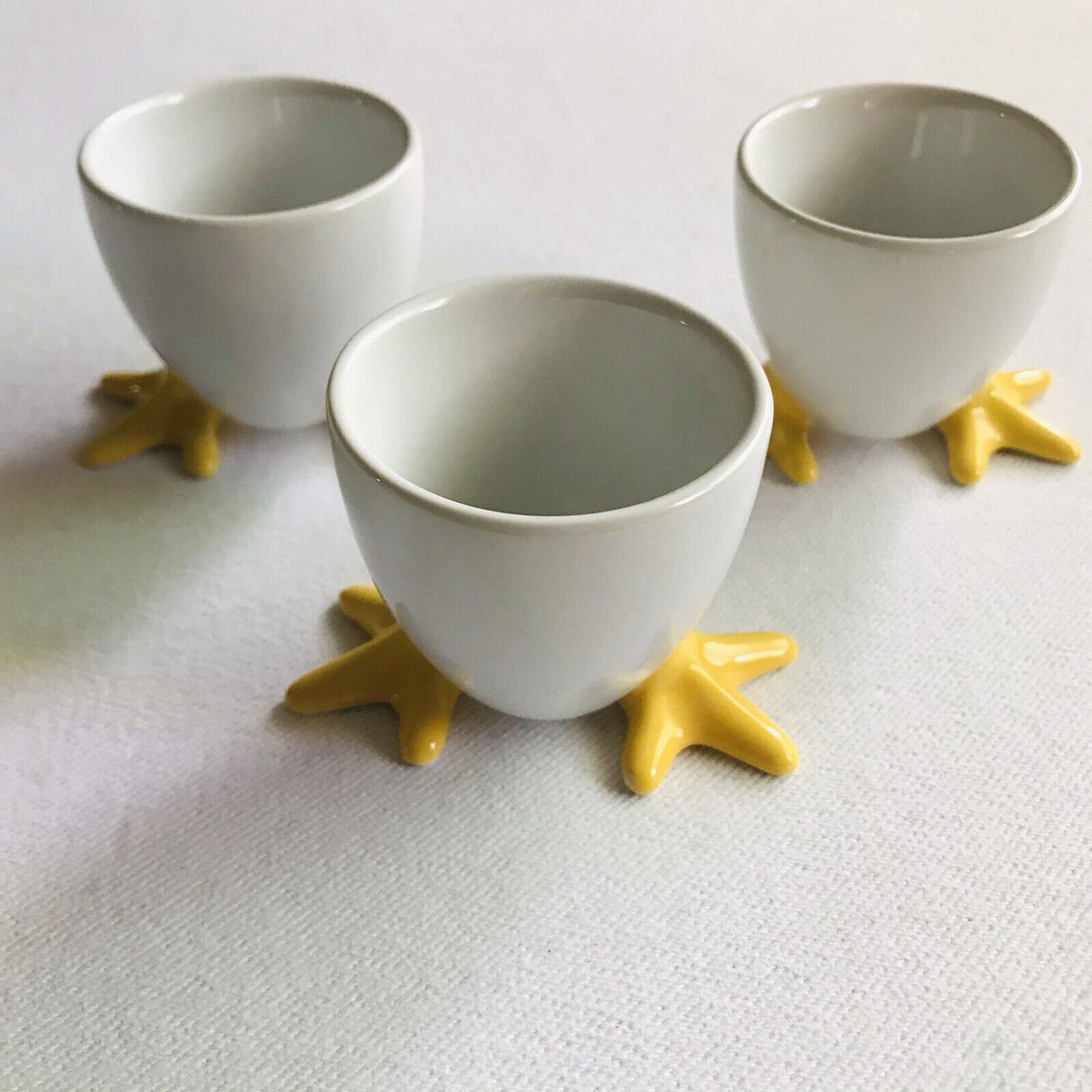 Set Of 3 White Ceramic Egg Coddler Cups With Yellow Chicken Feet Etsy