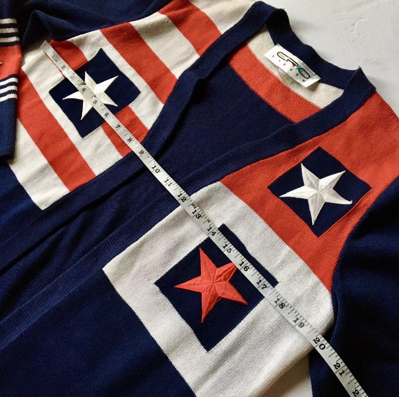 Vintage Eric Steven Red White Blue Stars Stripes Cardigan Woman’s Size ...
