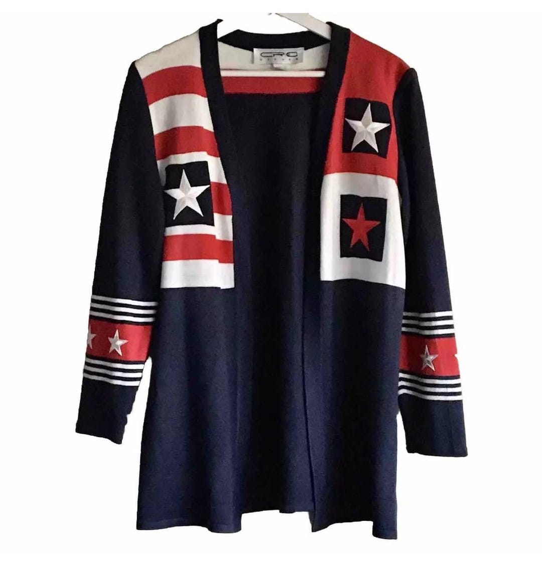 Vintage Eric Steven Red White Blue Stars Stripes Cardigan Woman’s Size ...