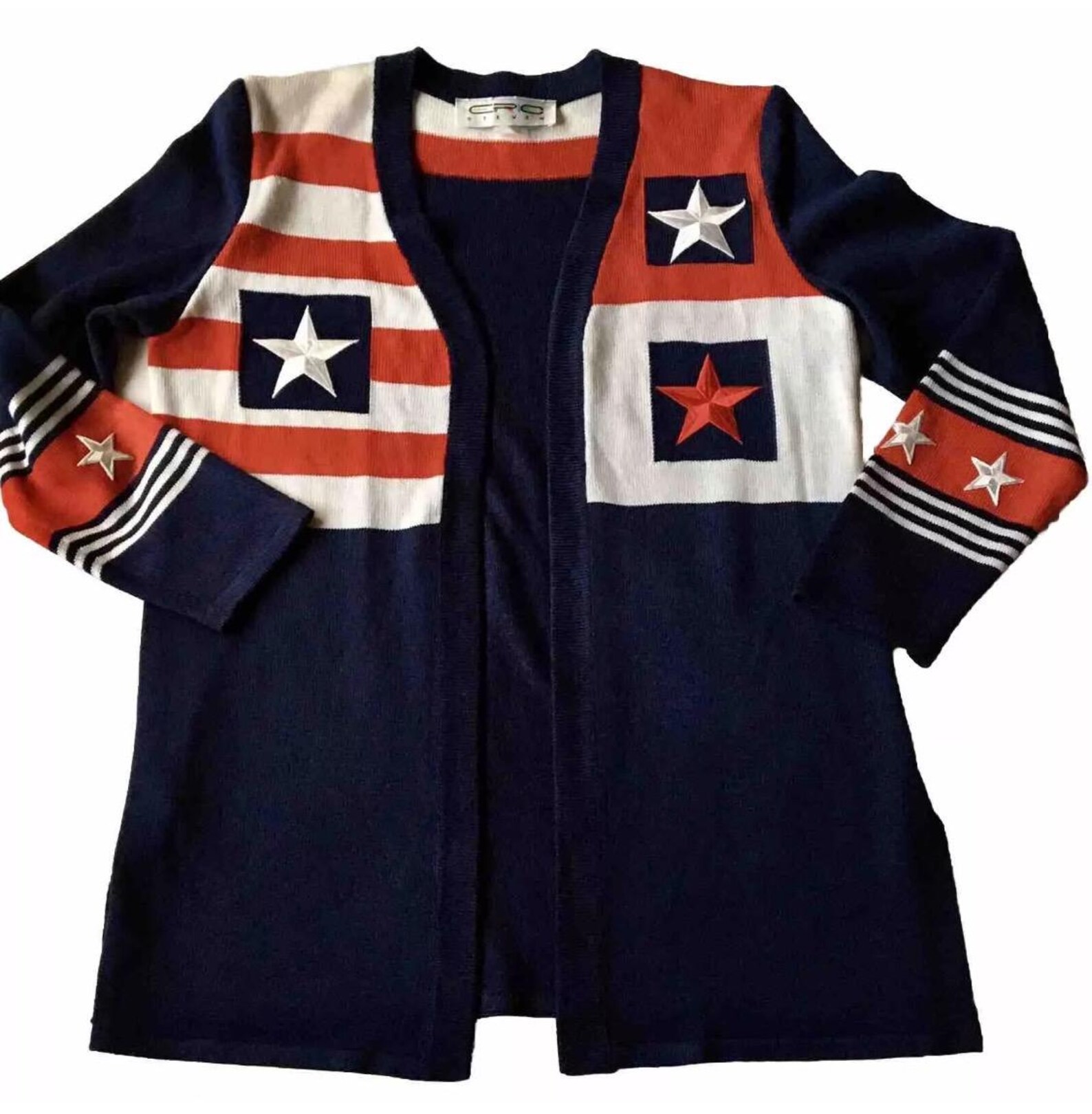 Vintage Eric Steven Red White Blue Stars Stripes Cardigan Woman’s Size ...