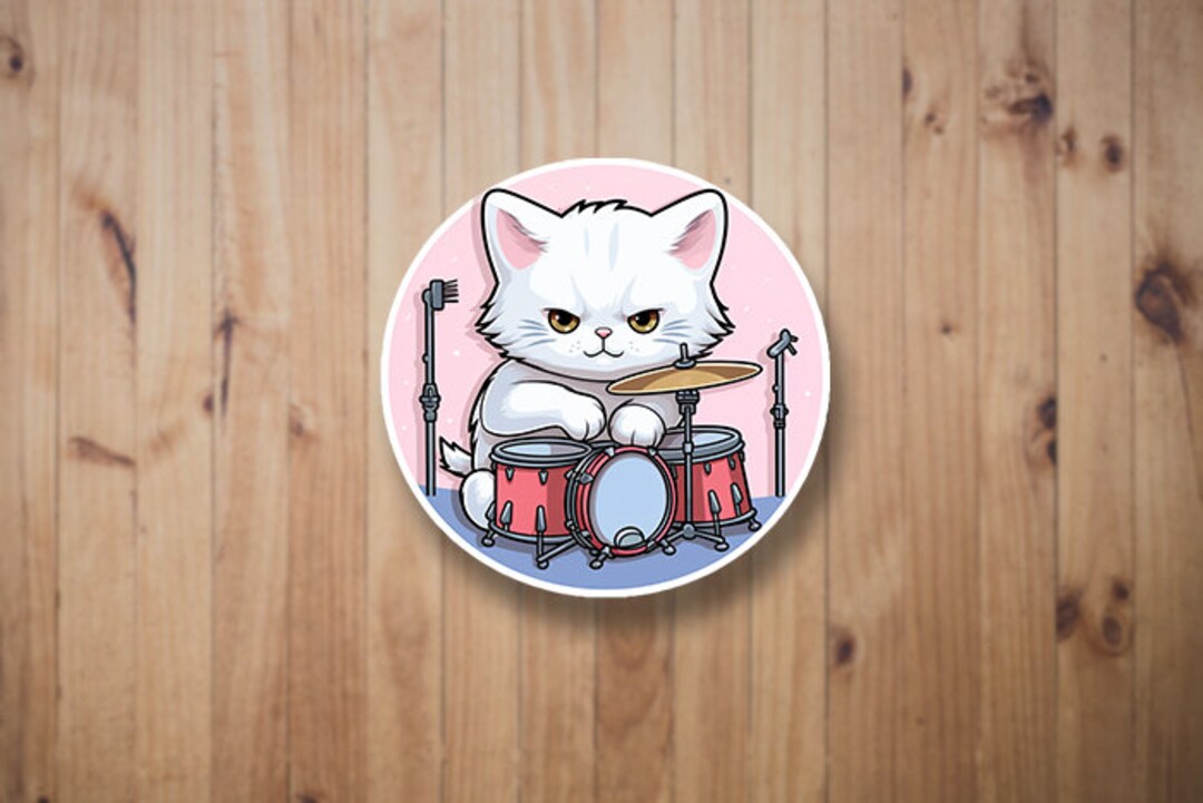 Cute Kitten Playing Drums Sticker, Cat Lover Gift, Cat Sticker, Cartoon ...