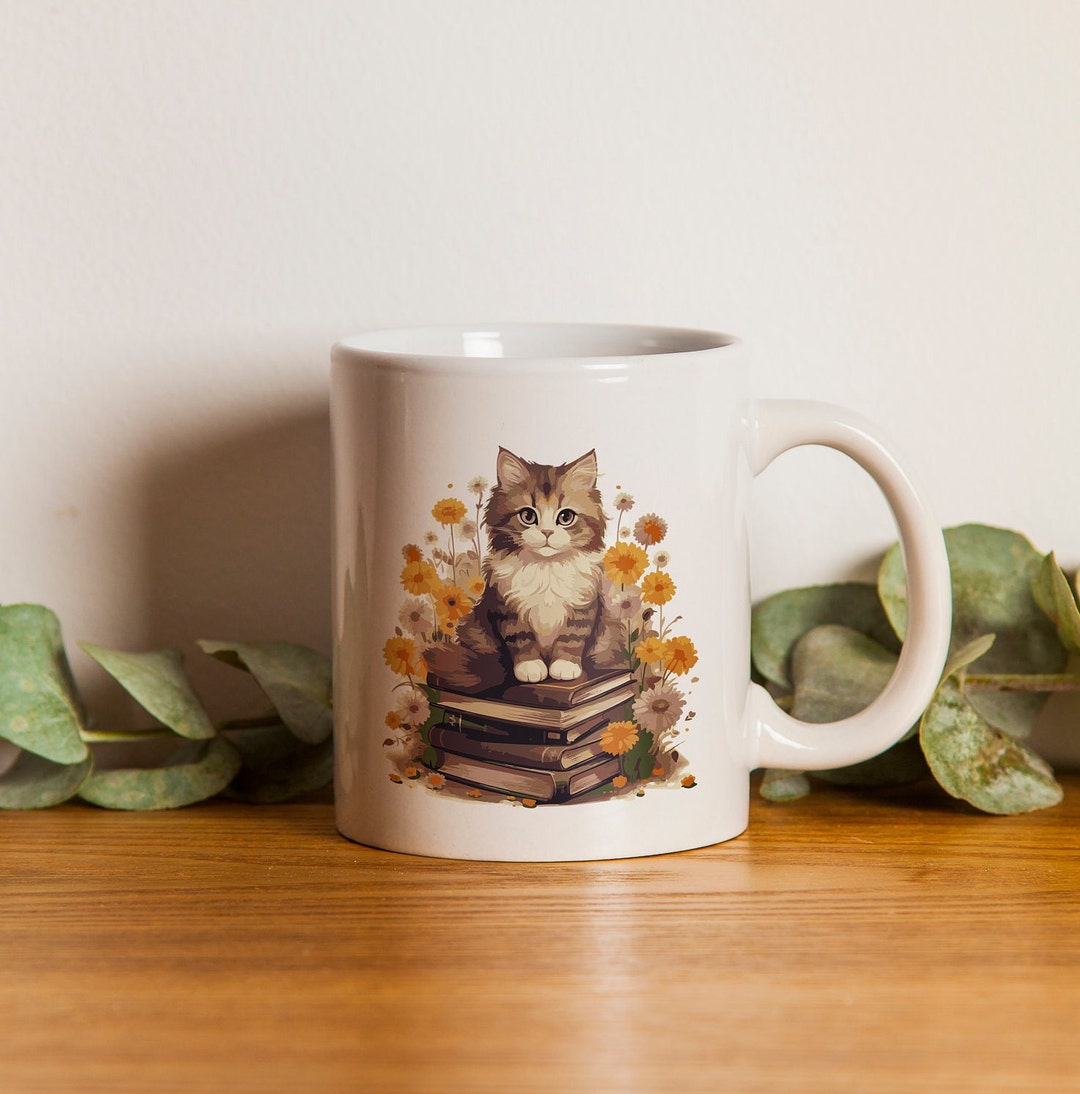 Brown Cat and Books Coffee Mug, Cat Mom Dad Mug, Forestcore Mug, Gift ...