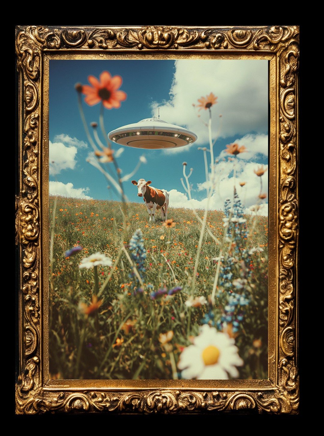 Retro Futuristic UFO Cow Abduction Print UFO Art, Trippy Wall Art ...