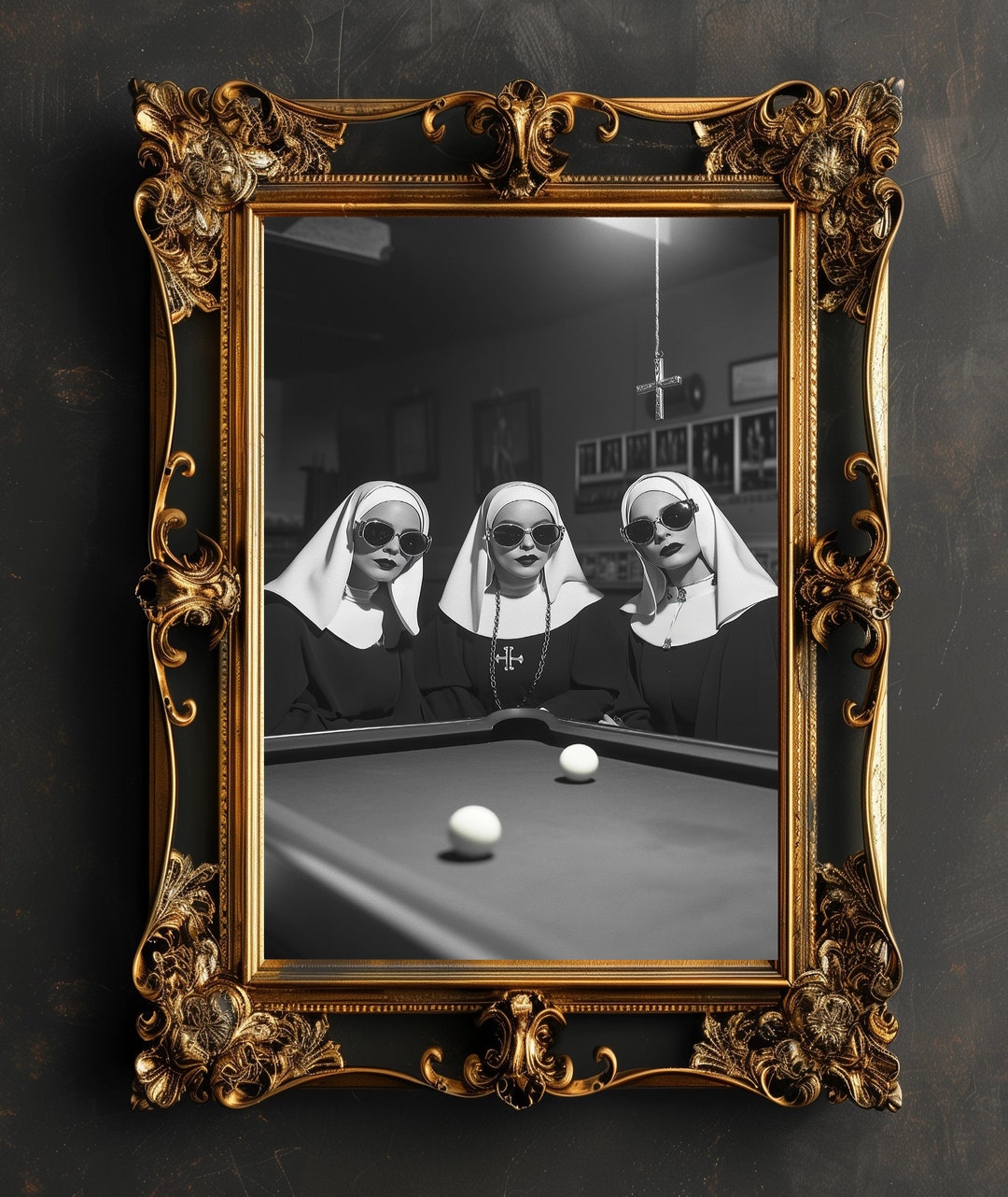 Nuns in Black & White Playing Pool Art Print, Quirky Surrealist Digital Download, Vintage Nun ...