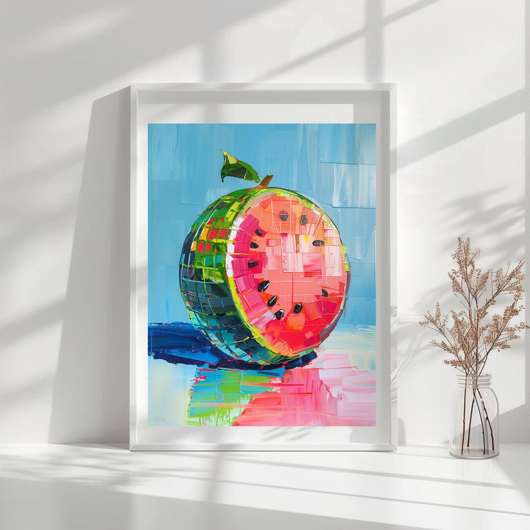 Oil Painted Disco Ball Watermelon Light Pastel Blue Background, Bright ...