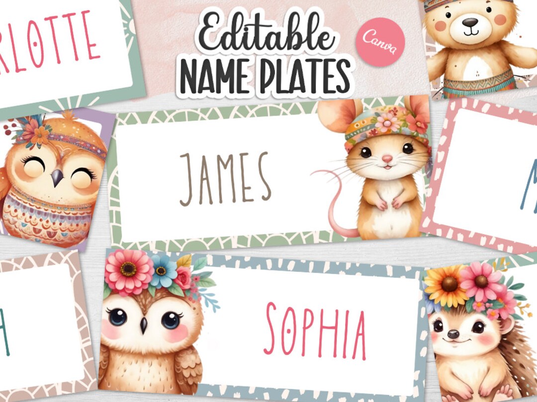 Editable Classroom Name Plates | Boho Woodland Animals - Etsy