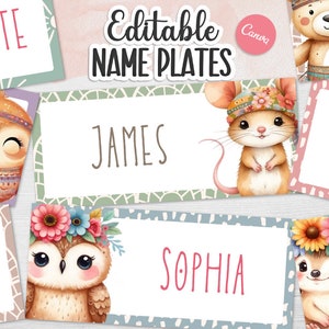 Editable Classroom Name Plates | Boho Woodland Animals - Etsy