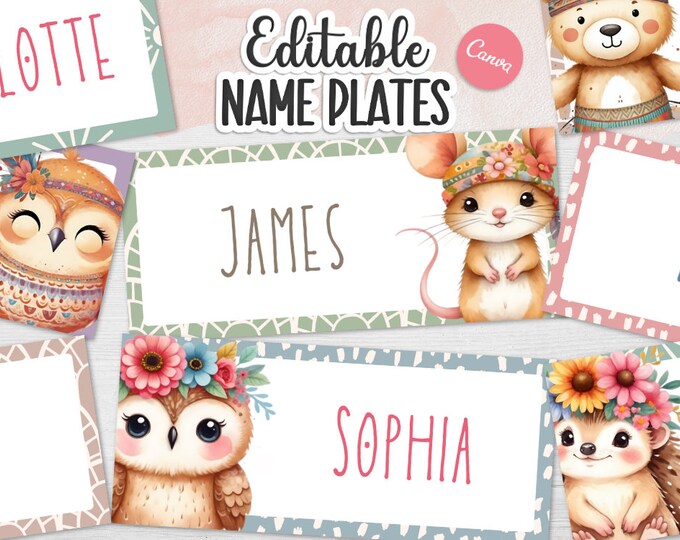 Editable Classroom Name Plates | Boho Woodland Animals - Etsy