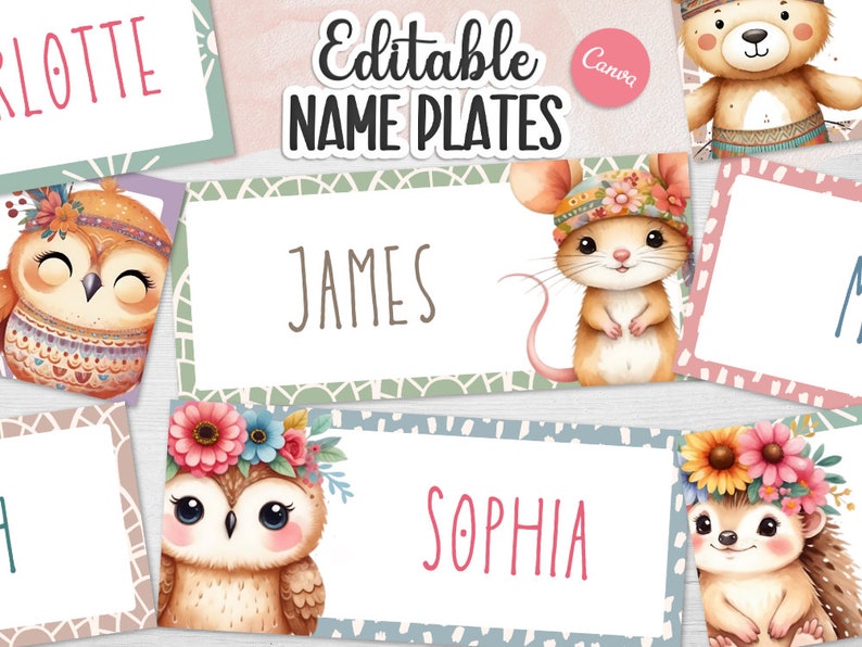 Editable Classroom Name Plates | Boho Woodland Animals - Etsy Australia