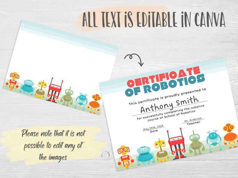 Editable Certificate of Robotics | Colourful Robots - Etsy