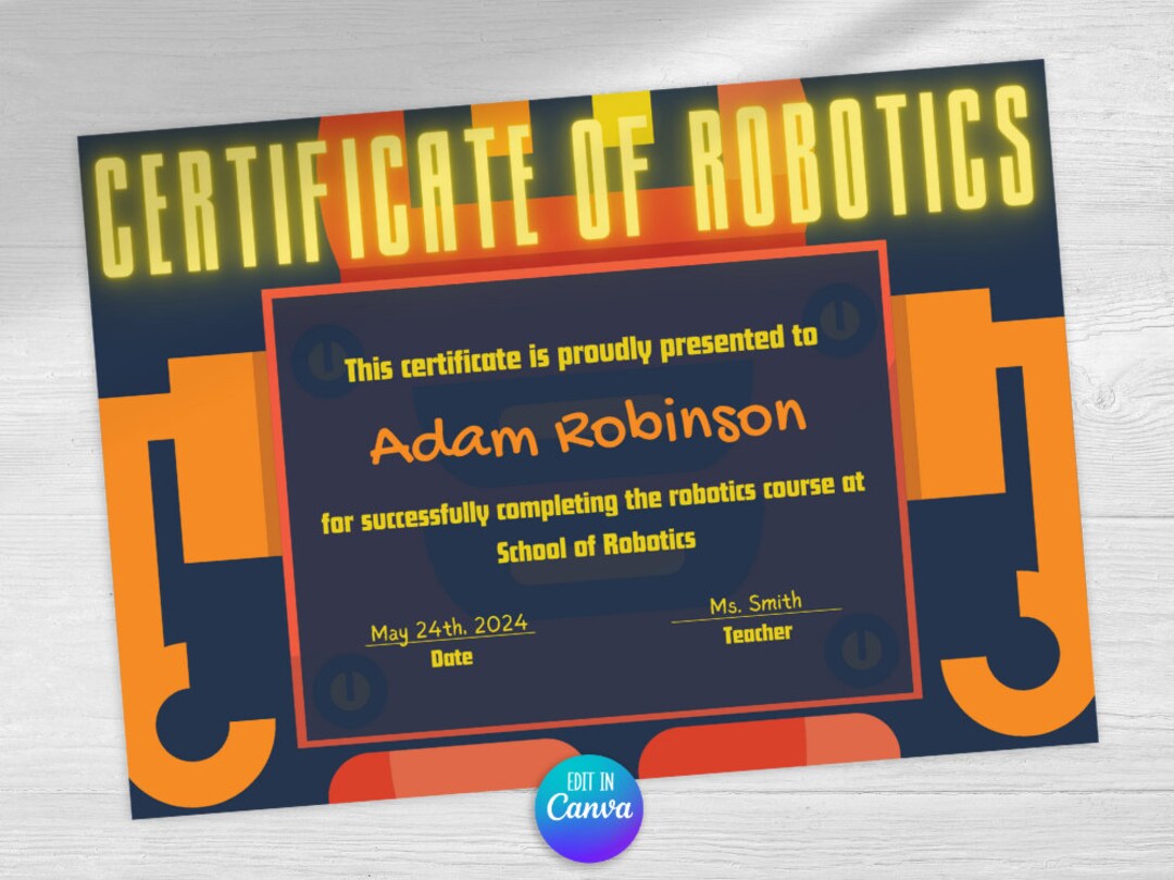Editable Certificate of Robotics | Orange Robot on a Dark Background - Etsy
