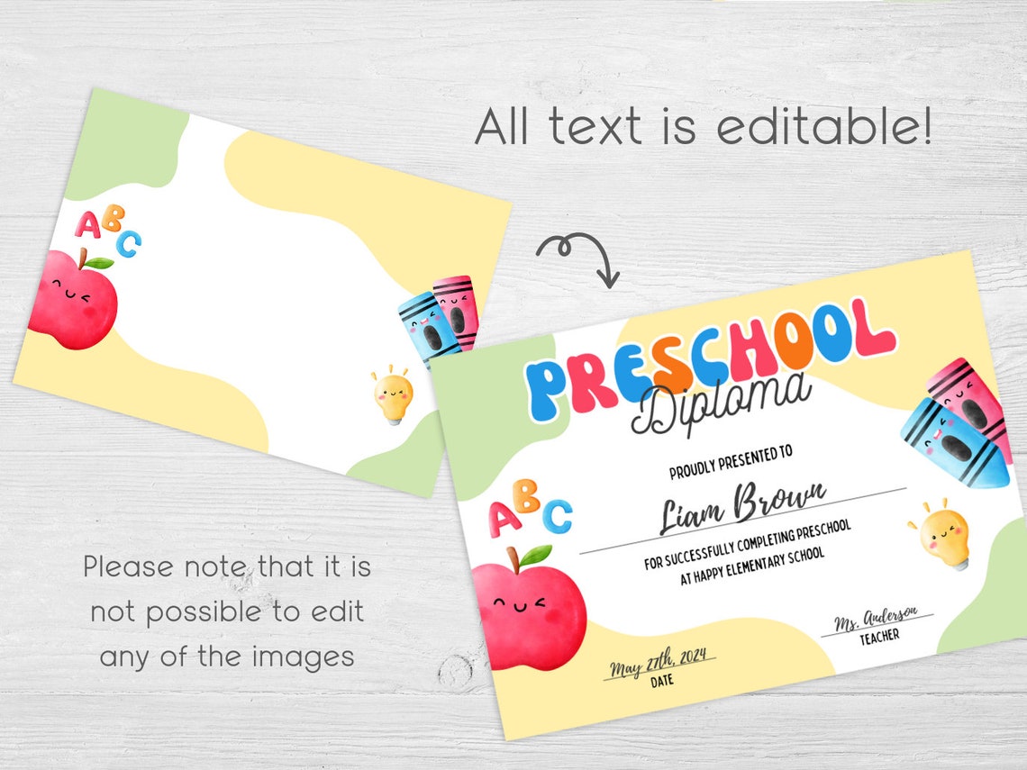 Editable Preschool Graduation Diploma | 8.5x11 and A4 - Etsy