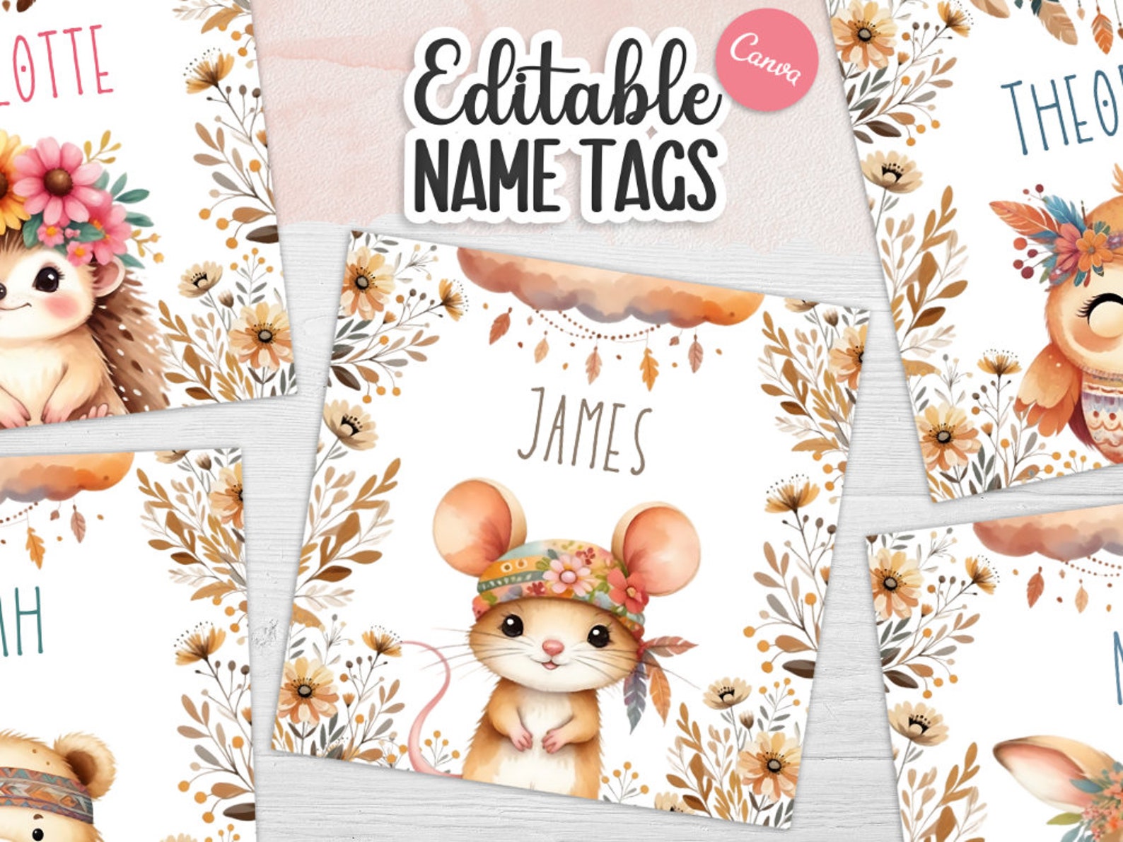 Editable Square Classroom Labels | Boho Woodland Animals - Etsy