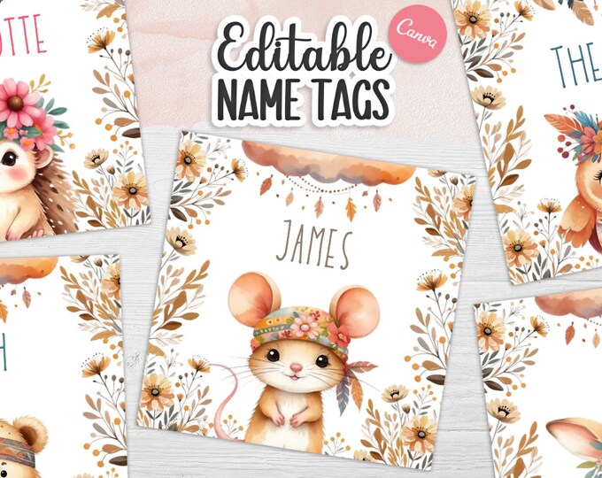 Editable Square Classroom Labels | Boho Woodland Animals - Etsy