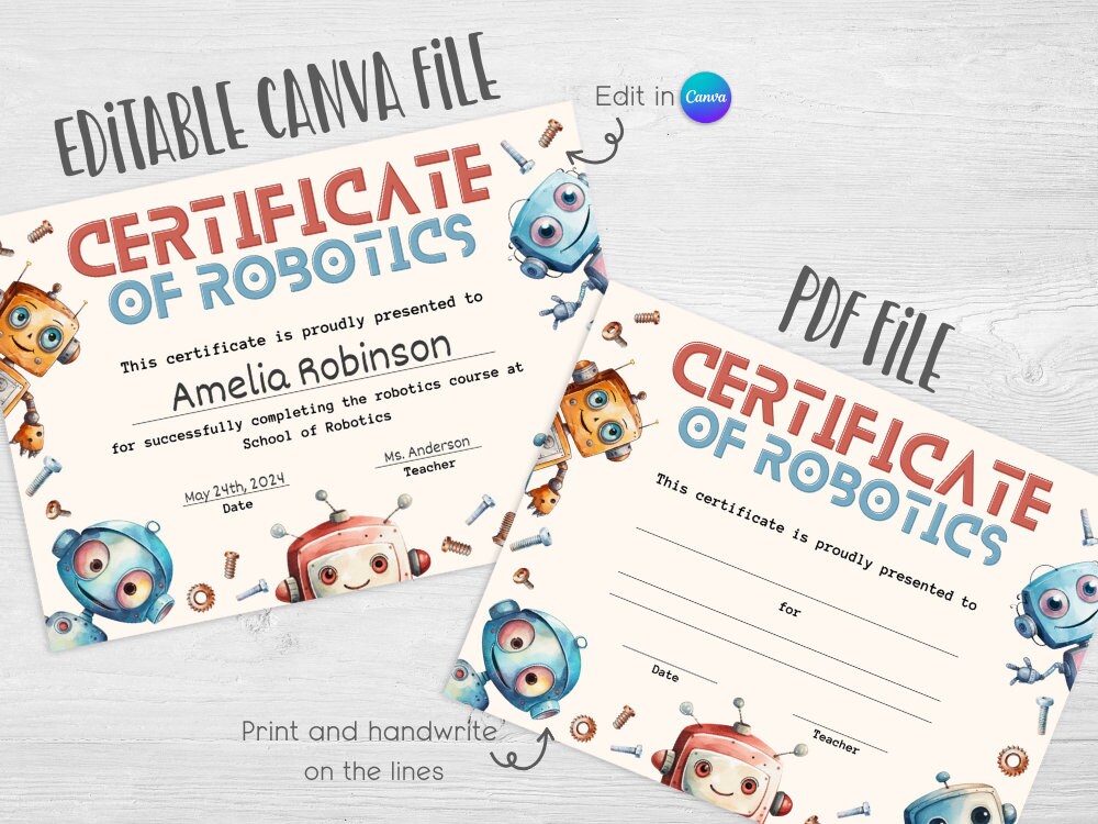 Editable Certificate of Robotics | Robots and Bolts - Etsy