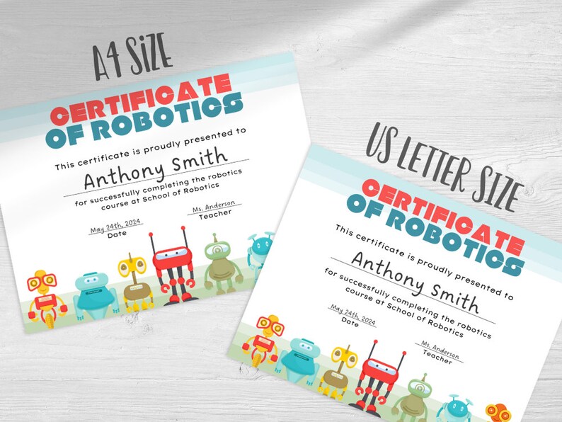 Editable Certificate of Robotics | Colourful Robots - Etsy